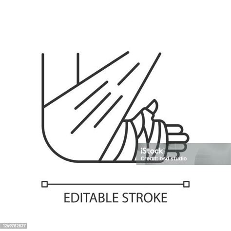 뼈 골절 픽셀 완벽한 선형 아이콘 석고에 팔 붕대에 상처 입은 사지 팔꿈치를 다치게 얇은 선 사용자 정의 일러스트레이션 윤곽 기호입니다 벡터 격리 된 윤곽선 도면입니다 편집