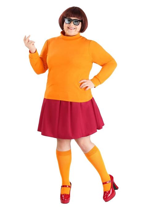 Plus Size Womens Scooby Doo Velma Costume Orange Turtleneck Sweater And Knee High Socks Red