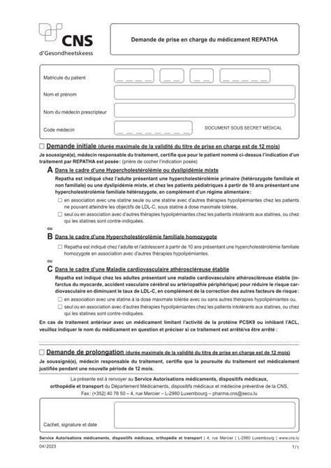 Demande De Prise En Charge Du Médicament Repatha Cns Luxembourg