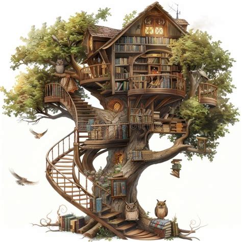 intricate treehouse library with spiral staircase and owls stock