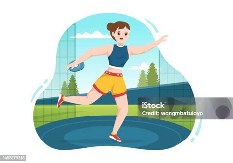 원반 던지기 스포츠 선수권 대회 플랫 만화 손으로 그린 템플릿에서 나무 판을 던지는 운동 경기 그림 Track And Field