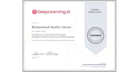 Completion Certificate For Introduction To Tensorflow For Artificial
