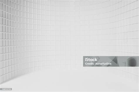 하얀 추상적인 빈 무대는 하얀 작은 정사각형 타일 벽이 있는 구부러진 골방으로 나무 바닥은 프리젠테이션 화장품 제품 상품