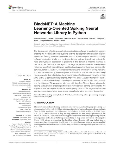 Pdf Bindsnet A Machine Learning Oriented Spiking Neural Networks