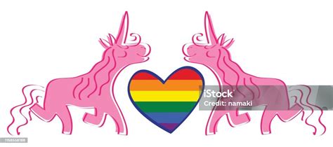 자부심 플래그 Lgbt의 마음을 가진 중간 분홍색과 파란색 유니콘에 심장 자부심 플래그 Lgbt와 두 개의 핑크 유니콘 Gay Pride Parade에 대한 스톡 벡터 아트