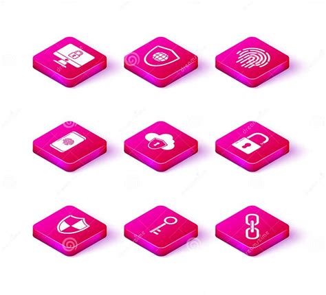 Set Shield Key Smartphone With Fingerprint Scanner Cloud And Shield Chain Link Open Padlock