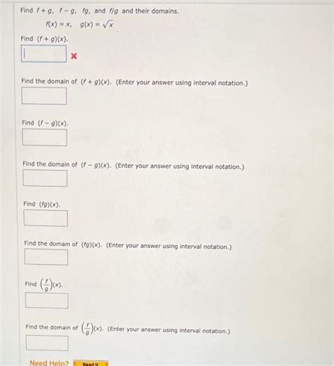 solved find f g f−g fg and f g and their domains