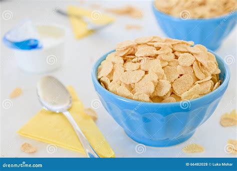 Cereales Del Maíz Con El Yogur Griego En Pote De Cerámica Azul Foto De