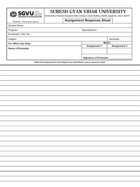 blank sgvu assignment response sheet pdf