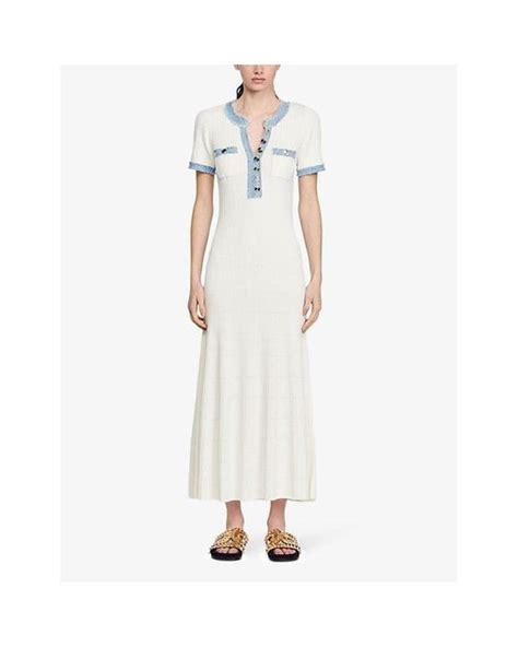 Sandro Denim Trim Knitted Maxi Dress In White Lyst