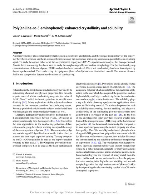 Poly Aniline Co 3 Aminophenol Enhanced Crystallinity And Solubility Request Pdf