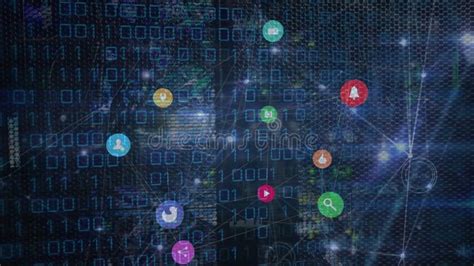 Animation Of Dots And Icons Connected By Lines Lens Flare And Binary Codes Over Abstract