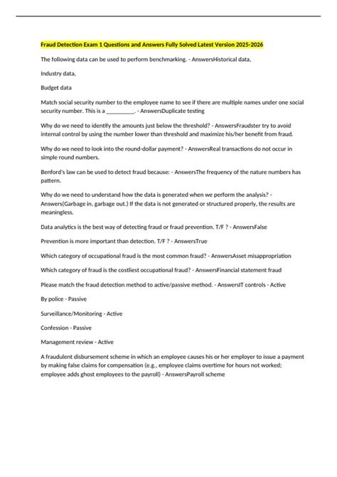 Fraud Detection Exam 1 Questions And Answers Fully Solved Latest Version Fraud Detection