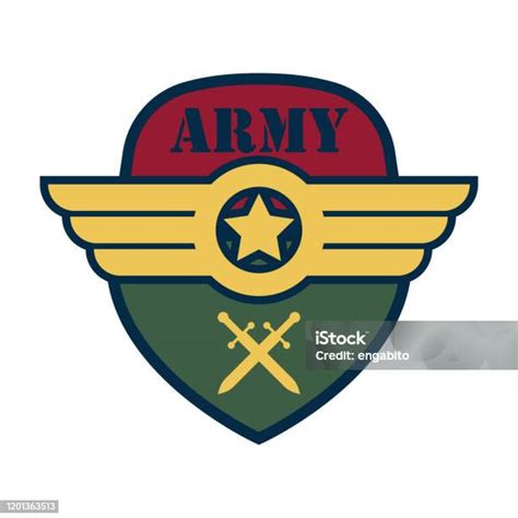 슬로건 태그 라인 벡터 일러스트에 대한 텍스트 공간이있는 육군 배지 아이콘 검에 대한 스톡 벡터 아트 및 기타 이미지 검