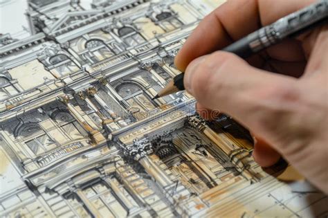 Closeup Of An Architects Hand Drawing A Detailed Building Facade On Drafting Paper Architectural