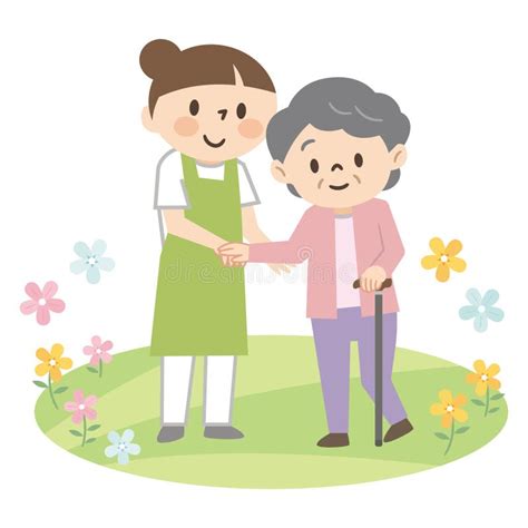 Cuidadora Joven Ayudando A Una Anciana Con Una Vara Ilustración Del