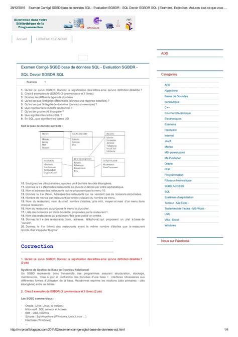 pdf examen corrigÃ© sgbd base de donnÃ©es sqlcices astuces