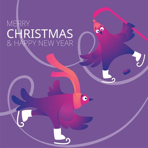 재미있는 비둘기가 있는 밝은 사각형 크리스마스 배너 텍스트 메리 크리스마스 재미있는 캐릭터가 스케이트를 타고 비둘기는 아이스
