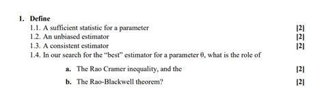 solved 1 define 1 1 a sufficient statistic for a parameter