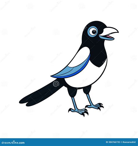 Magpie Cartoon Hand Drawn Watercolor Realistic Illustration Isolated On