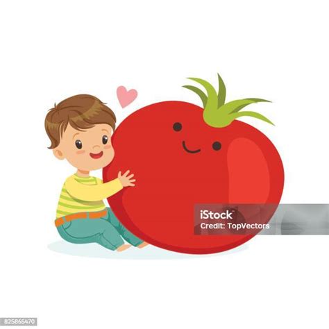 행복 한 소년 아이 다채로운 캐릭터 벡터 일러스트 레이 션에 대 한 신선한 웃는 토마토 야채 건강 식품과 재미 귀여운에 대한 스톡 벡터 아트 및 기타 이미지 Istock