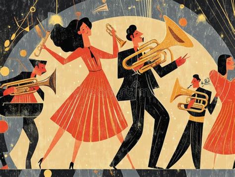 Illustrative Art Of Performers Joyfully Playing Brass Instruments And