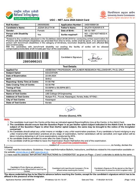 Sample Admit Card Ugc Net Pdf