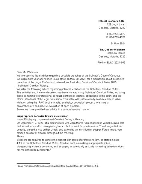 Memo Of Advice Ethical Lawyers And Co 123 Legal Lane Geelong