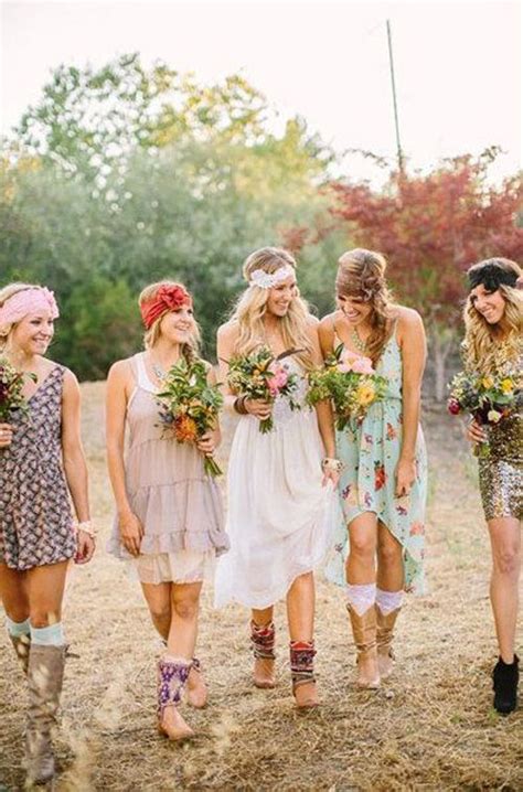 Mismatched Boho Bridesmaid Dresses Deer Pearl Flowers