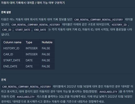 프로그래머스 자동차 대여 기록에서 대여중대여 가능 여부 구분하기 Mysql
