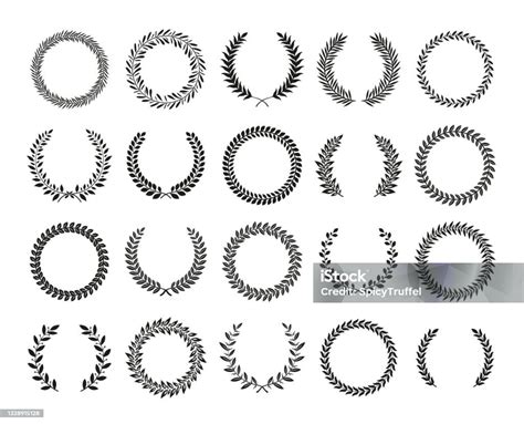 화환 원 나뭇가지와 잎이 있는 검은 월계수 문장 평화와 상 원형 꽃 기호 장식 헤럴드 식물 표지판 수집 격리 된 승리 배지 벡터 아이콘 세트 0명에 대한 스톡 벡터 아트 및