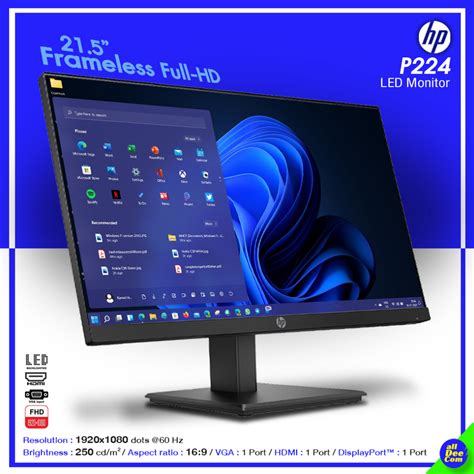 Monitor Hp รุ่น P224 ขนาด 21 5” Full Hd ไร้ขอบ Vga Displayport Hdmi
