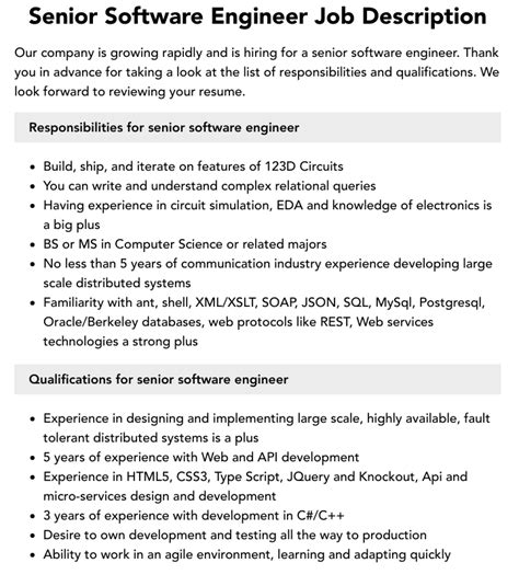 Senior Software Engineer Job Description Velvet Jobs