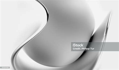 곡선 물결 모양의 선에 초현실적 구형 물체의 일부와 흑백 추상 미술 3d 배경의 3d 렌더링은 실버 금속 부품흰색 매트 세라믹 소재로 형성 파도 패턴에 대한 스톡 사진 및