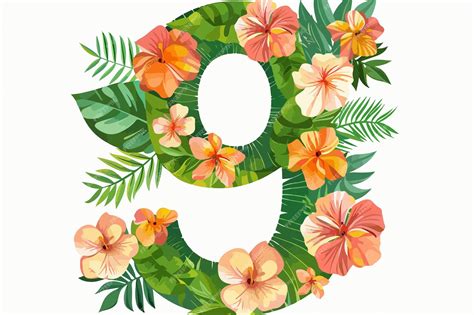 Number Nine Floral Vector Clipart Isolated On White Background