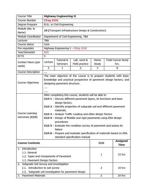 Sample For Civil Engineering Course Syllabus 1 Pdf Road Surface