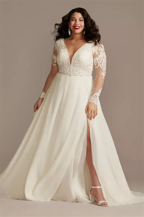 Applique Illusion Chiffon Plus Size Wedding Dress Davids Bridal