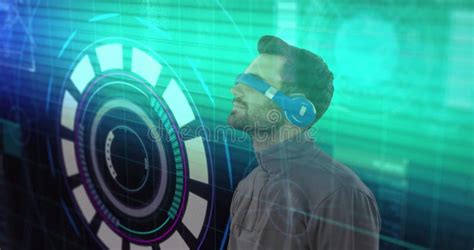 Image Of Scope Scanning With Glitch And Man Wearing Vr Headset Stock