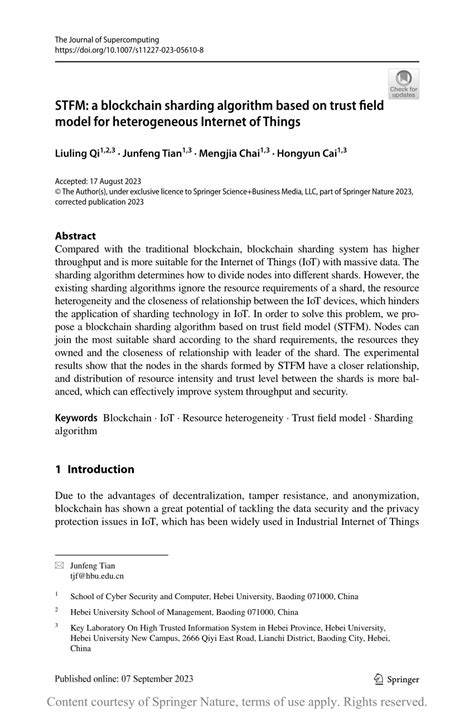 Stfm A Blockchain Sharding Algorithm Based On Trust Field Model For Heterogeneous Internet Of
