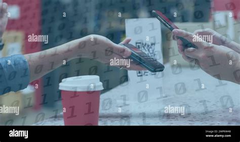 Image Of Binary Coding Over Two Caucasian Women Paying With Smartphone
