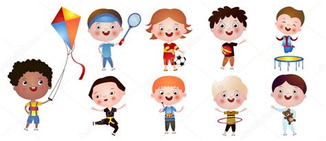 Conjunto De Divertidos Chicos Lindos Con Diferentes Actividades Y Pasatiempos Aislados Sobre