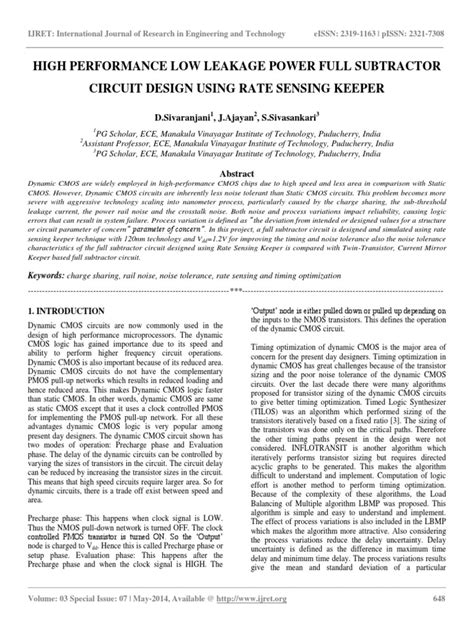 pdf high performance low leakage power full subtractor circuit design