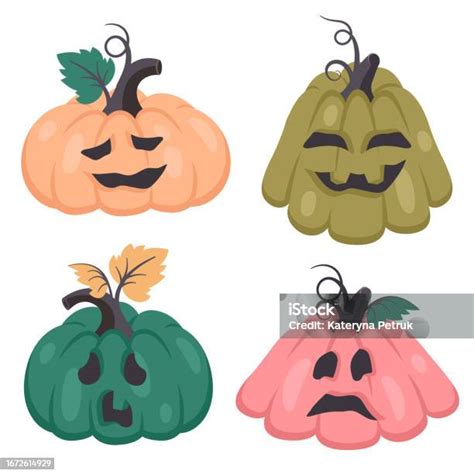 할로윈 호박 세트입니다 다른 감정을 가진 으스스한 공포 캐릭터를 손으로 그렸습니다 다양한 표정을 가진 무서운 몬스터들 할로윈 파티 휴일을 위한 벡터 만화 삽화 10월에 대한