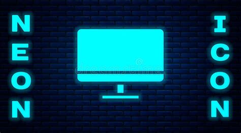 glowing neon computer monitor screen icon isolated on brick wall