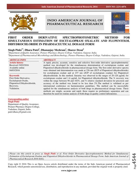 Pdf First Order Derivative Spectrophotometric Method For Simultaneous Estimation Of