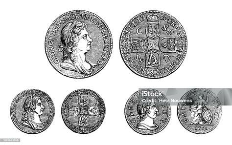 영국의 조지 1세의 왕관 실링 하프페니 동전 영국과 아일랜드의 왕 흰색 배경에 분리된 빈티지 새겨진 삽화 18세기에 대한 스톡 벡터 아트 및 기타 이미지 Istock