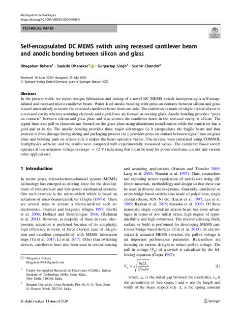 Pdf Self Encapsulated Dc Mems Switch Using Recessed Cantilever Beam