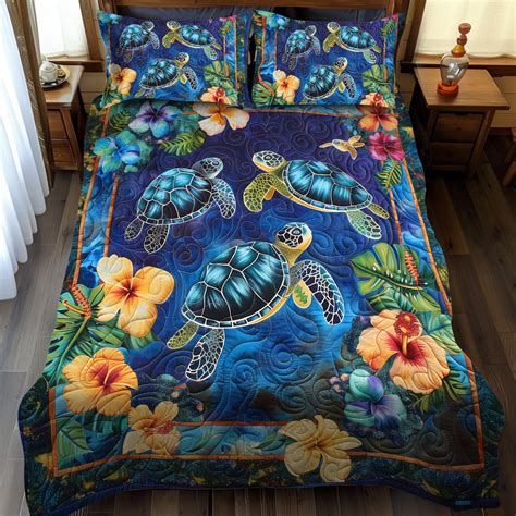Hawaiian Bliss Turtle 3 Piece Quilted Bedding Set Ncu0tl479 Vantique