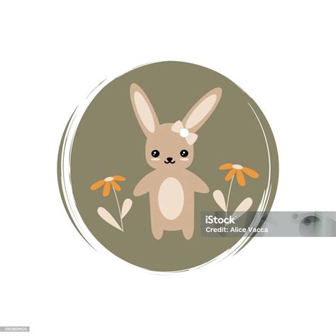 데이지 꽃과 토끼가있는 귀여운 로고 또는 아이콘 벡터 브러쉬 질감이있는 원에 일러스트 소셜 미디어 스토리 및 하이라이트 계절에