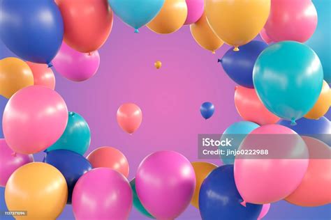 생일 장식 휴일 배경입니다 컬러 풀 볼 톤 프레임 3d 렌더 기념일에 대한 스톡 사진 및 기타 이미지 기념일 노랑 다중 색상 Istock